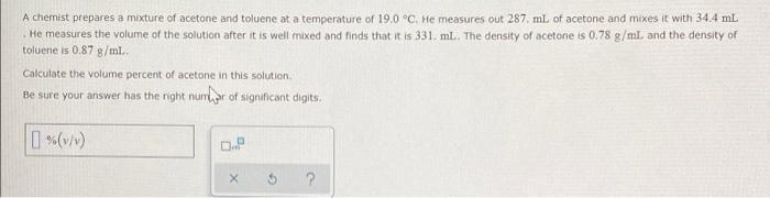 Solved A chemist prepares a mixture of acetone and toluene | Chegg.com
