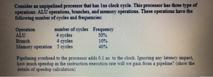 Solved Consider an unpipelined processor that has Ins clock | Chegg.com
