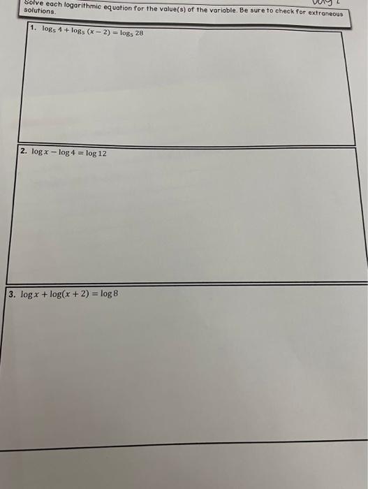 Solved Solve each logarithmic equation for the value(s) of | Chegg.com