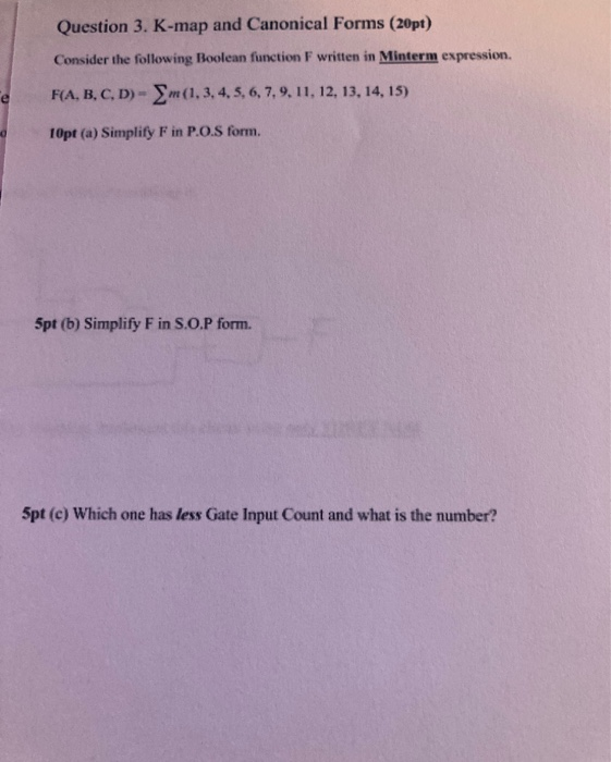 Solved Question 3. K-map and Canonical Forms (20pt) Consider | Chegg.com
