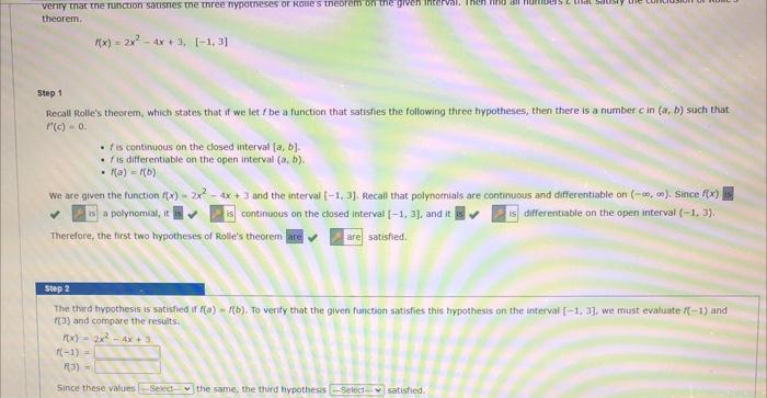 Solved f(x)=2x2−4x+3,[−1,3] step 1 Recall Rolle's theorem, | Chegg.com