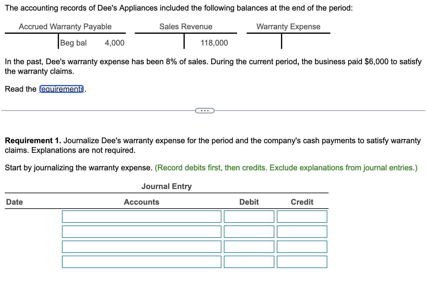 Solved Requirements: 1.Journalize Dee 's warranty expense | Chegg.com