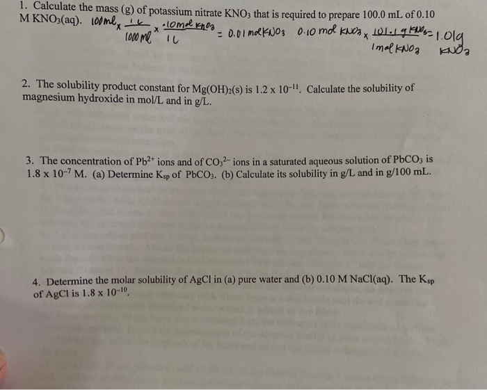 Solved 1. Calculate the mass (g) of potassium nitrate KNO3 | Chegg.com