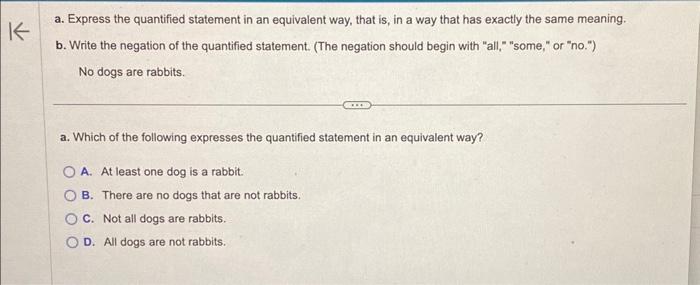 Solved a. Express the quantified statement in an equivalent | Chegg.com