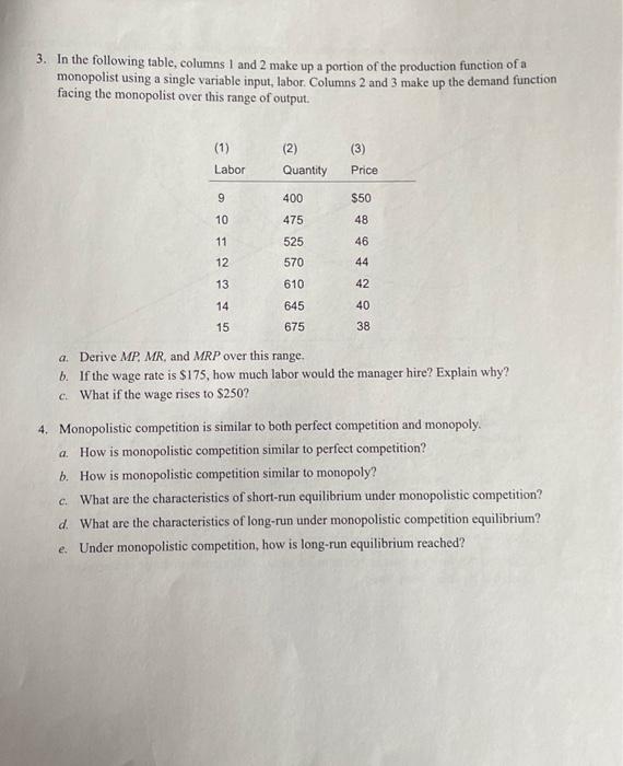 Solved 3. In the following table, columns 1 and 2 make up a | Chegg.com