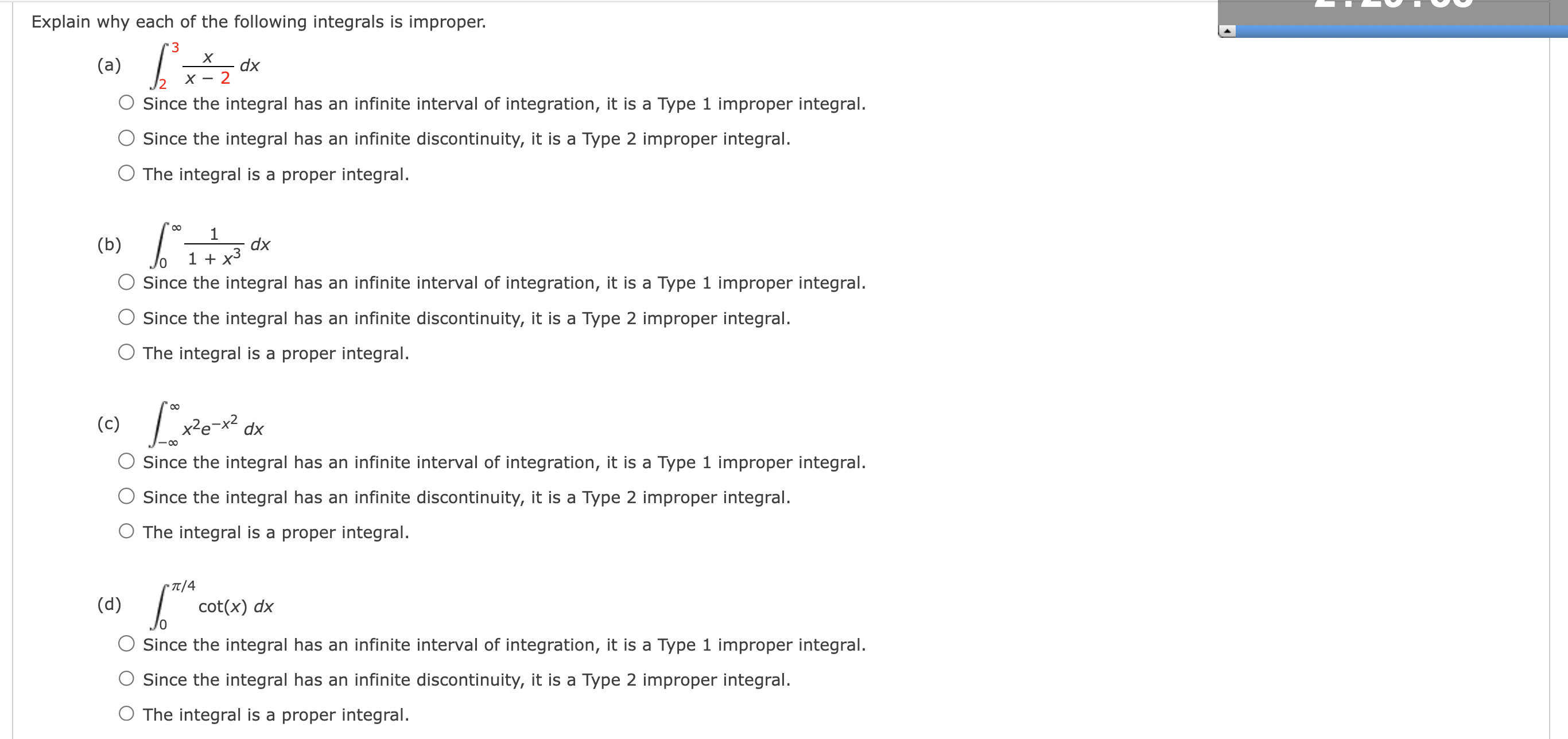 Solved Explain why each of the following integrals is | Chegg.com