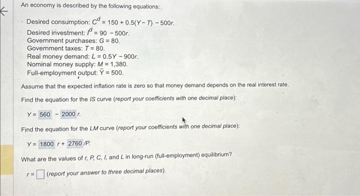 Solved An economy is described by the following equations: | Chegg.com