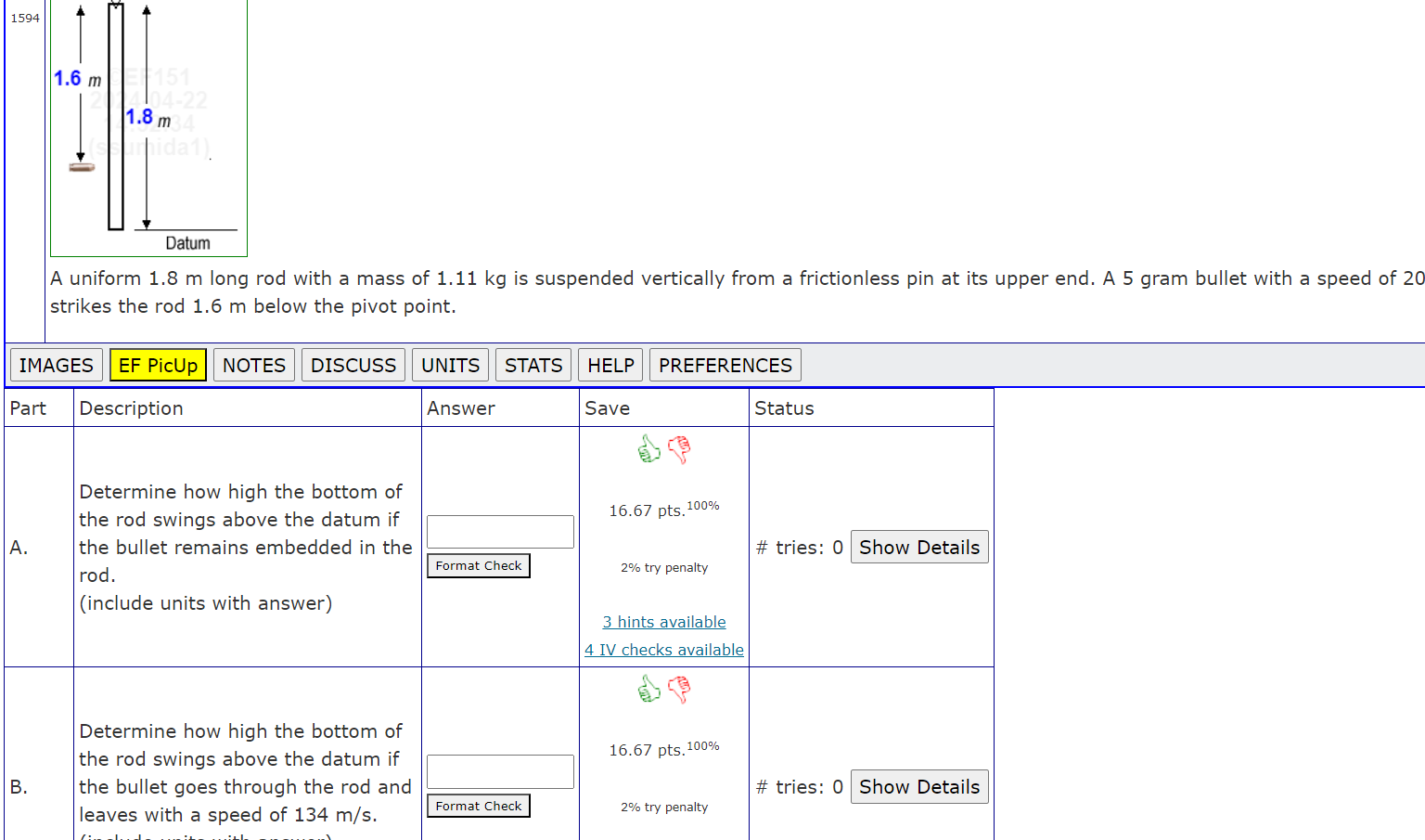 Solved A uniform 1.8m ﻿long rod with a mass of 1.11kg ﻿is | Chegg.com