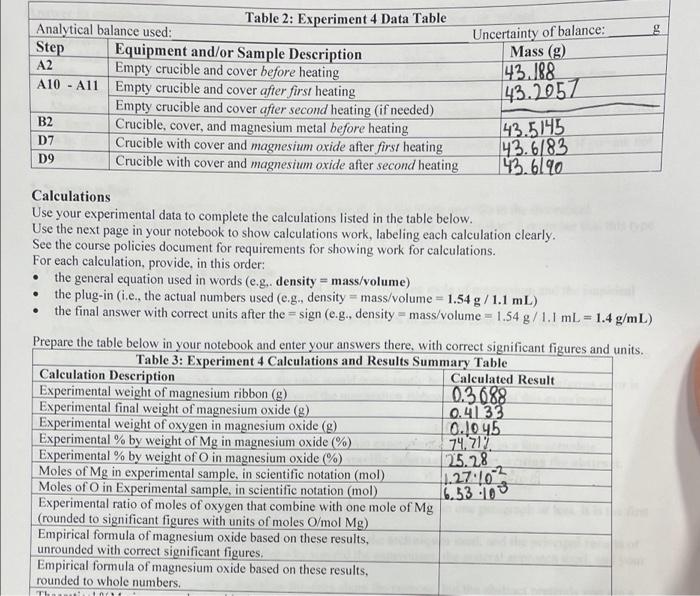 Solved Calculations Use your experimental data to complete | Chegg.com
