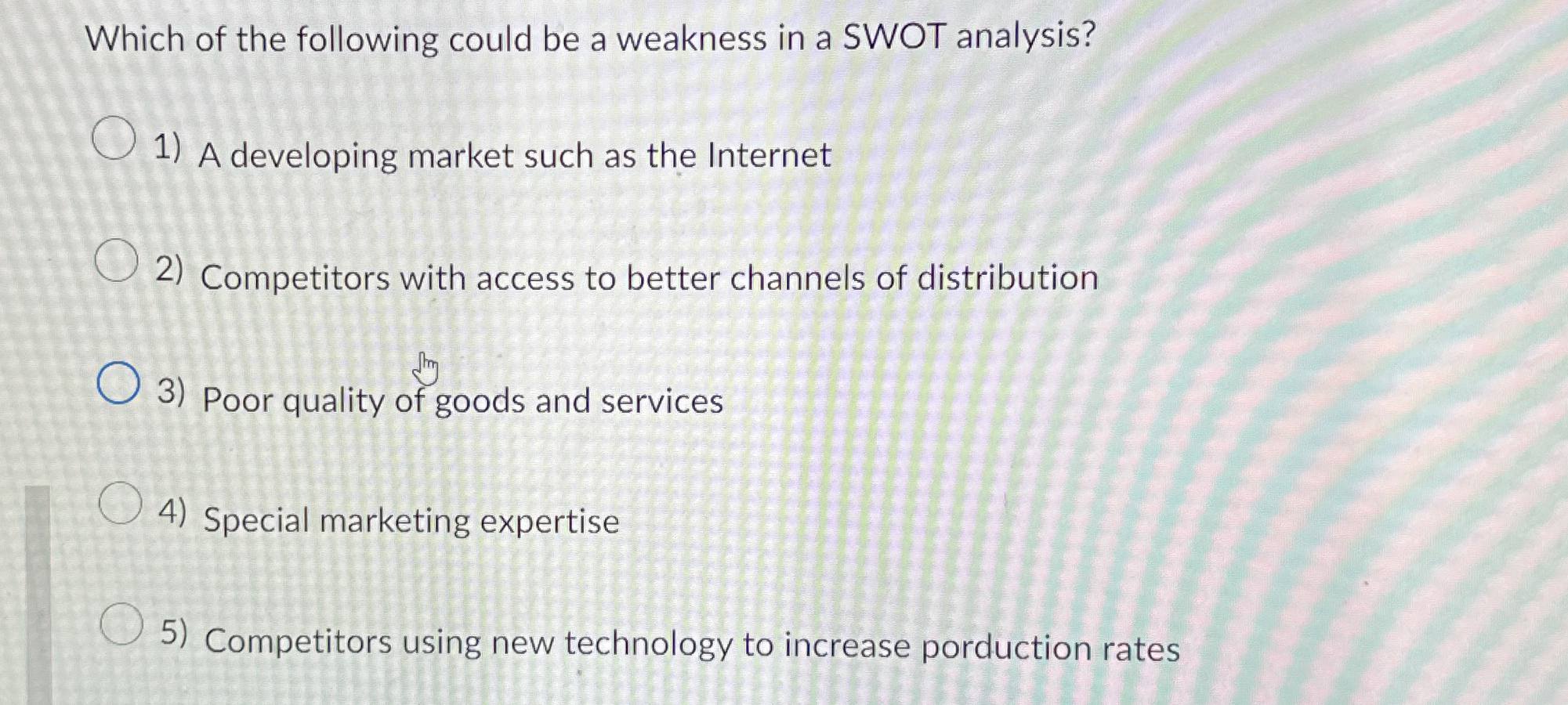 Solved Which of the following could be a weakness in a SWOT | Chegg.com