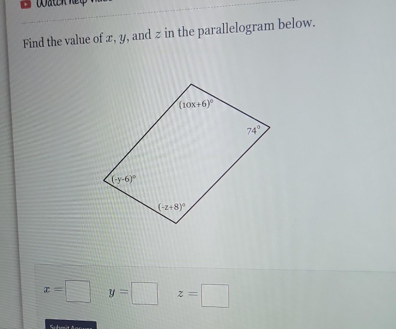 Solved Find the value of x,y, and z in the parallelogram | Chegg.com