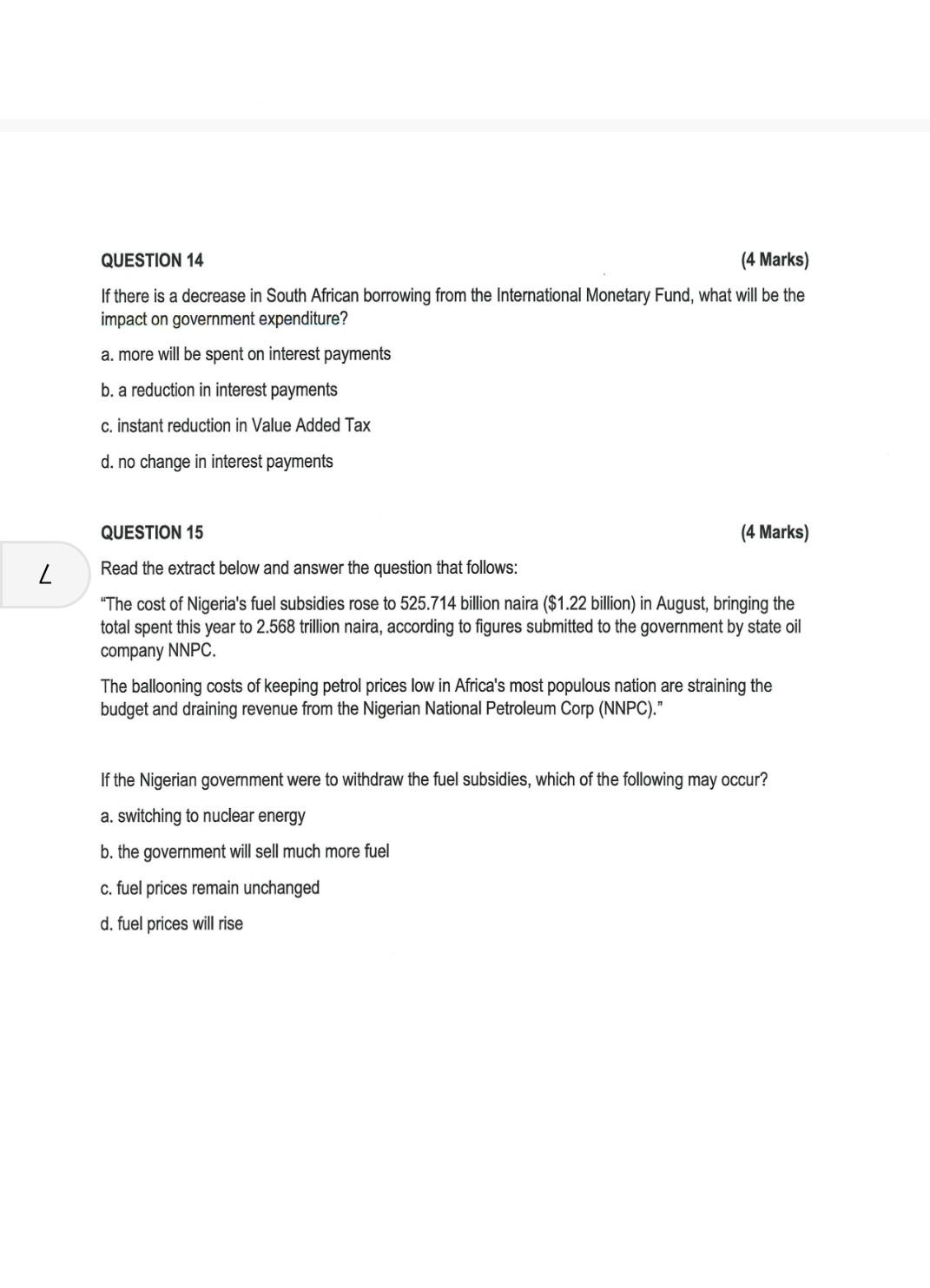 Solved QUESTION 14 (4 Marks) If there is a decrease in South | Chegg.com