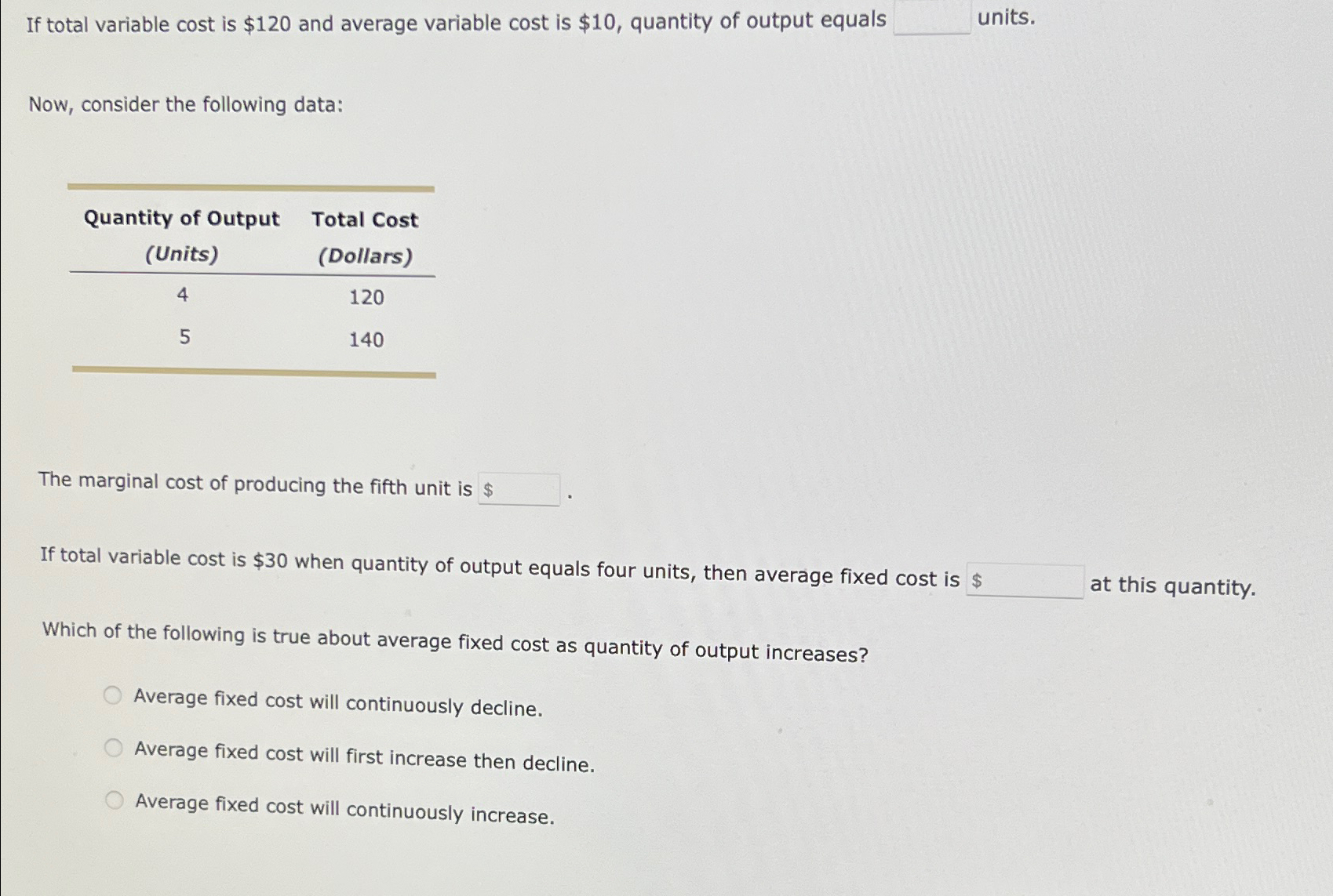 Solved If Total Variable Cost Is 120 ﻿and Average Variable