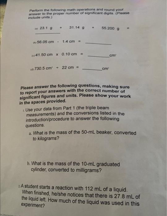 Solved Perform the following math operations and round your | Chegg.com