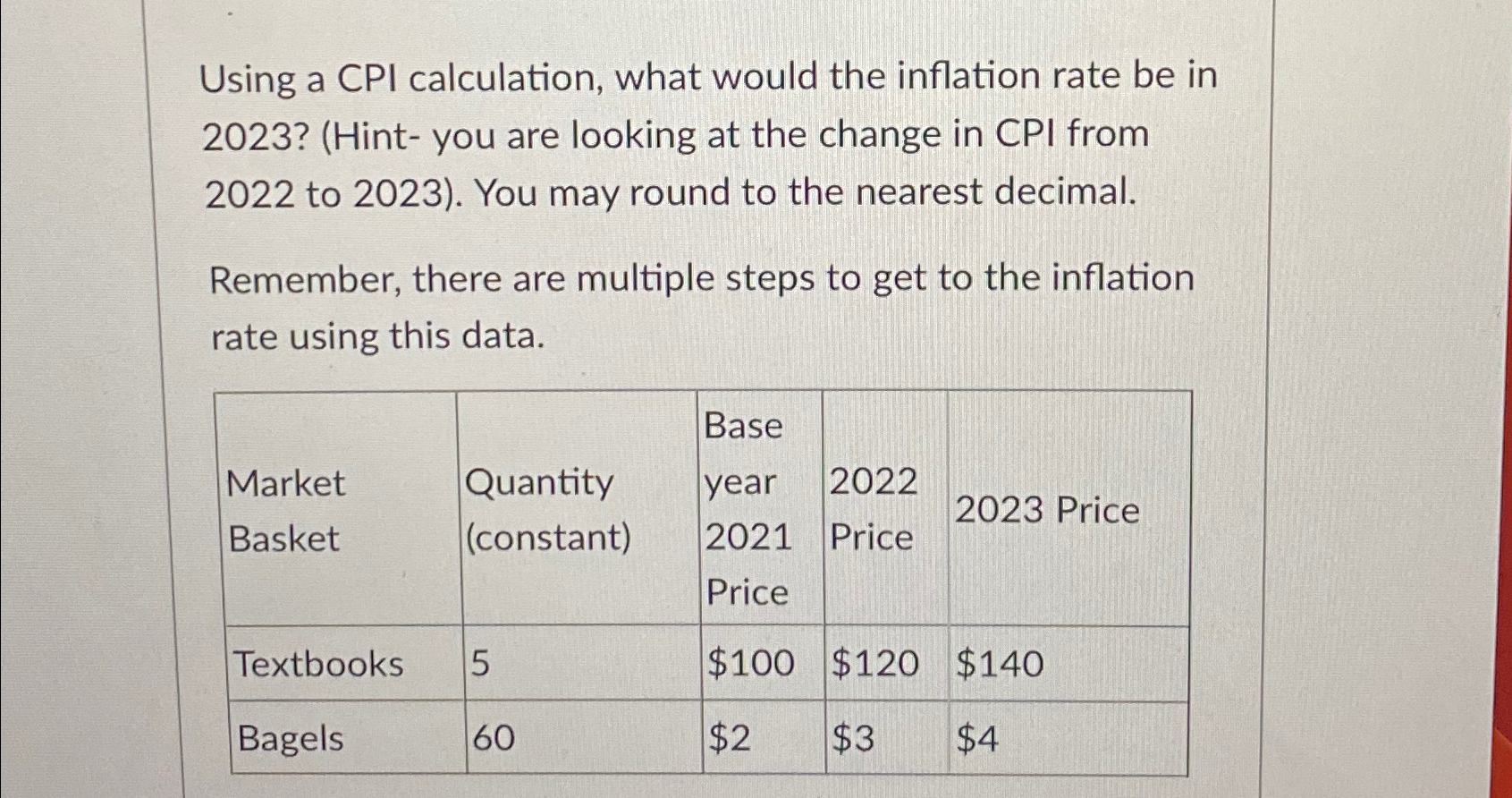 Solved Using a CPI calculation, what would the inflation | Chegg.com