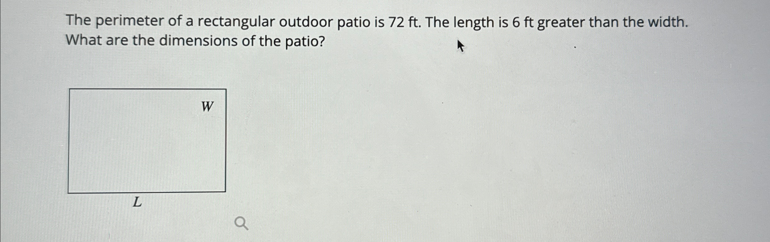 Solved The perimeter of a rectangular outdoor patio is 72ft. | Chegg.com