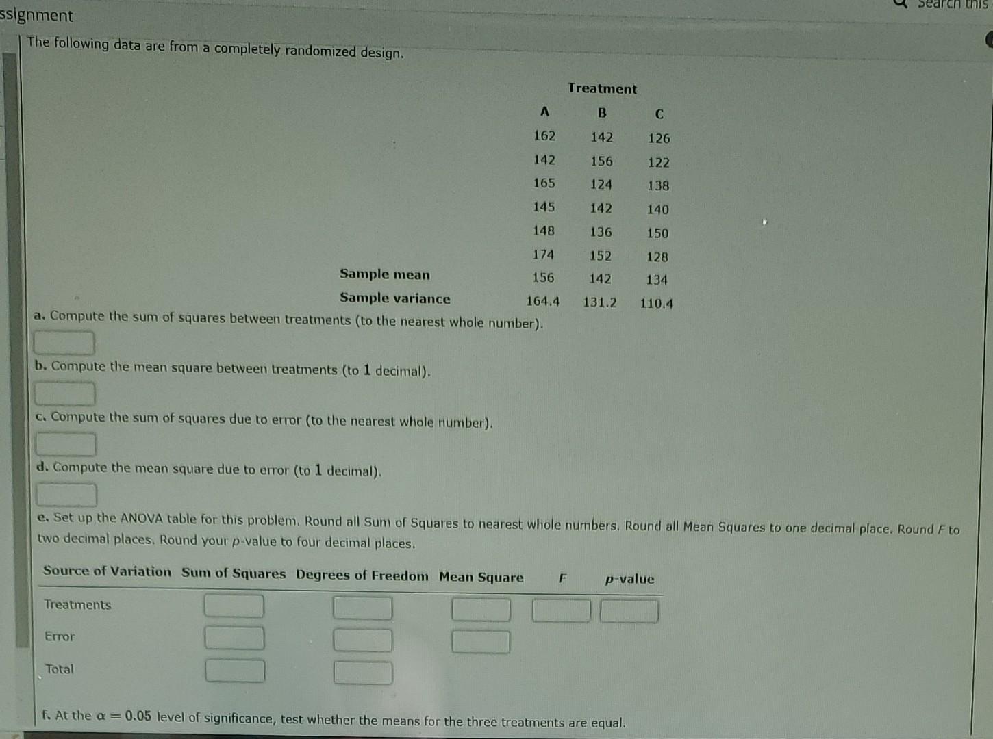 Solved The following data are from a completely randomized | Chegg.com
