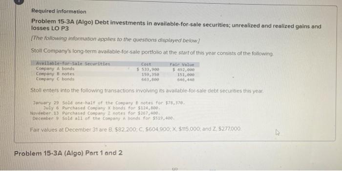 Solved Required information Problem 15-3A (Algo) Debt | Chegg.com