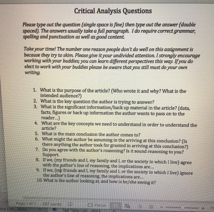 Critical Analysis Questions Please type out the | Chegg.com