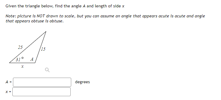 Solved Given the triangle below, find the angle A and length | Chegg.com