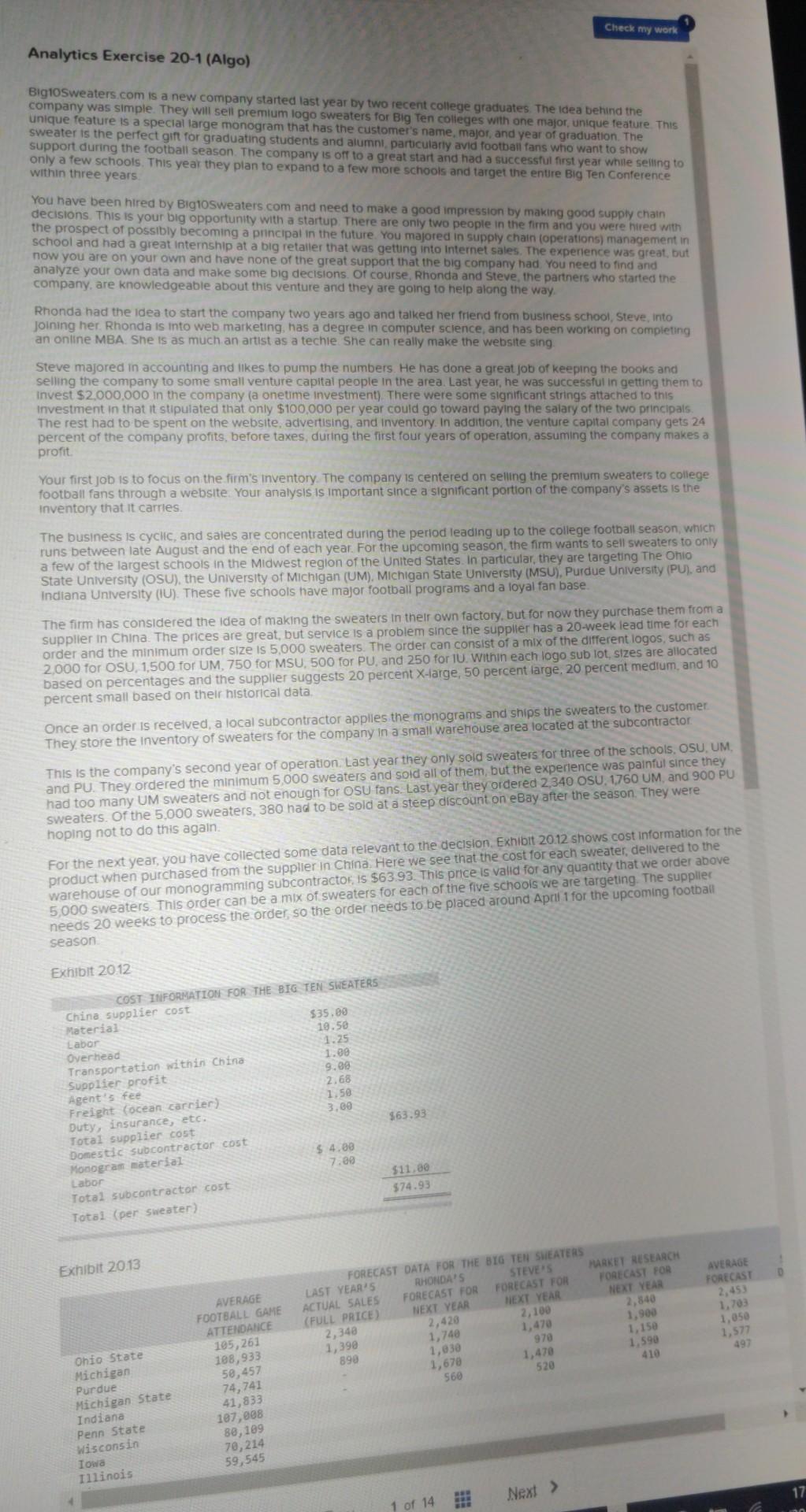 Check my work Analytics Exercise 20-1 (Algo) | Chegg.com