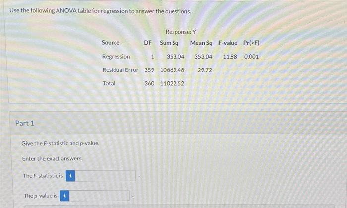 Solved Use the following ANOVA table for regression to | Chegg.com