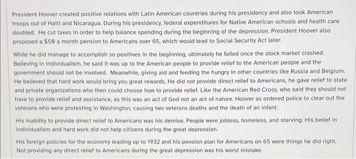 President Hoover created positive relations with | Chegg.com