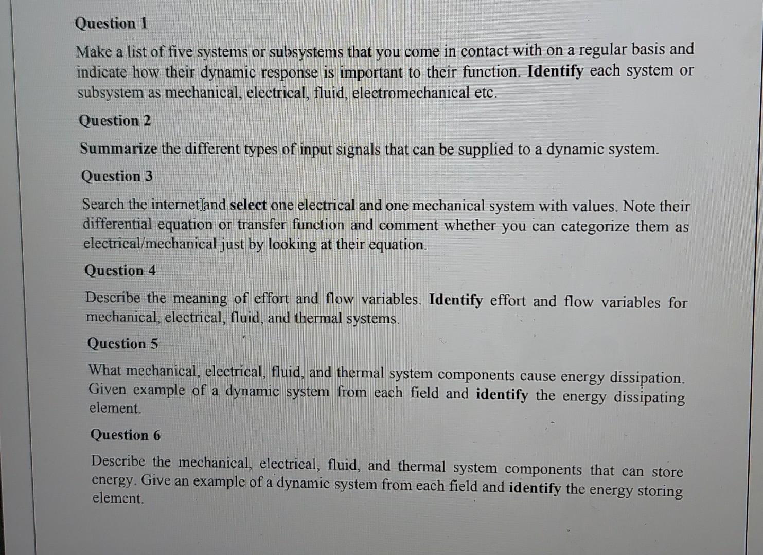 Solved Question 1 Make a list of five systems or subsystems | Chegg.com