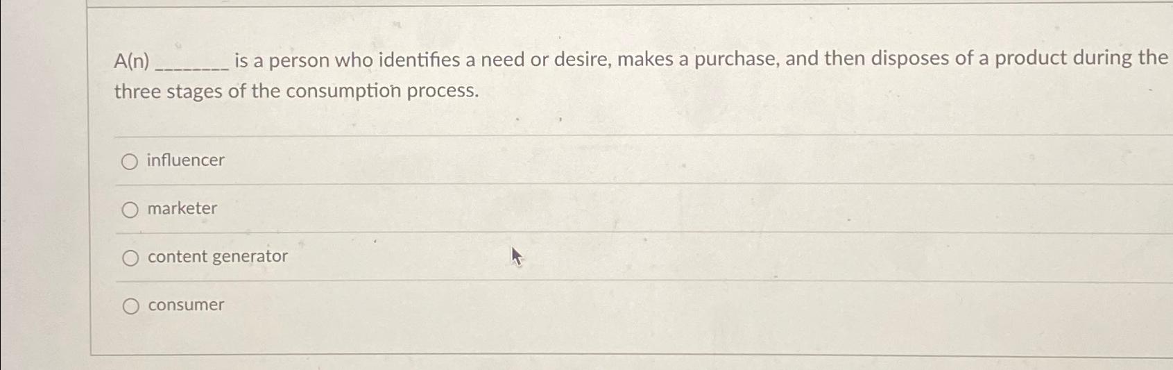 Solved A(n) ﻿is a person who identifies a need or desire, | Chegg.com