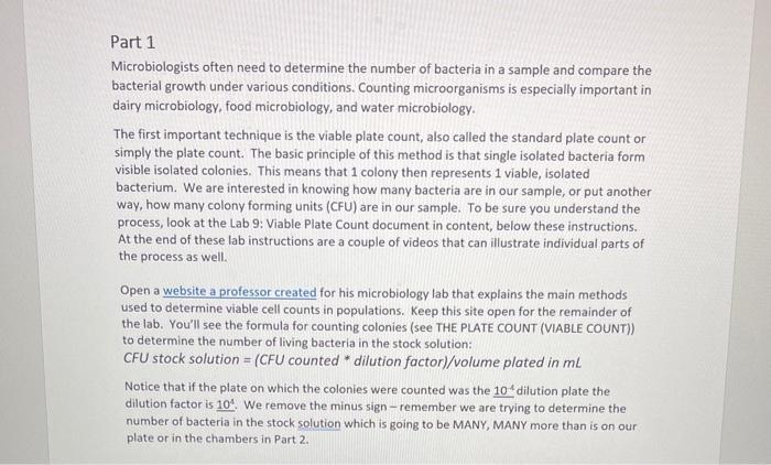 1. From the Lab 9: Viable Plate Count document I | Chegg.com