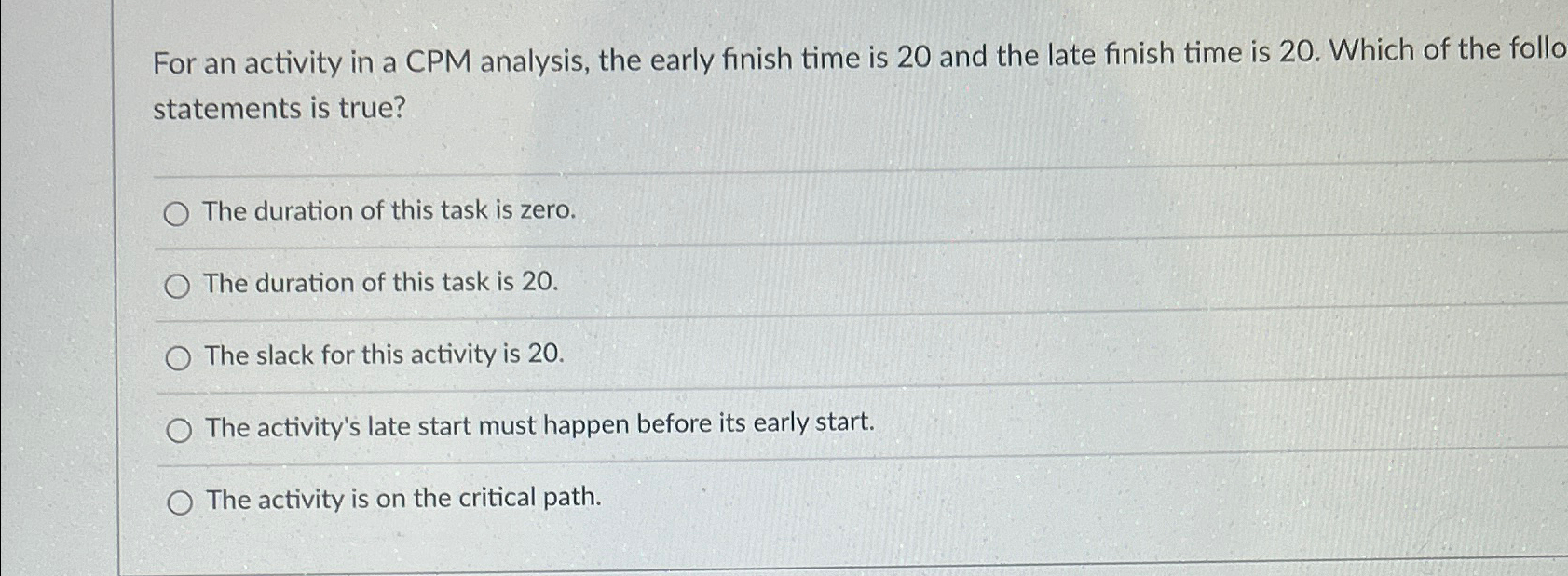Solved For an activity in a CPM analysis, the early finish | Chegg.com