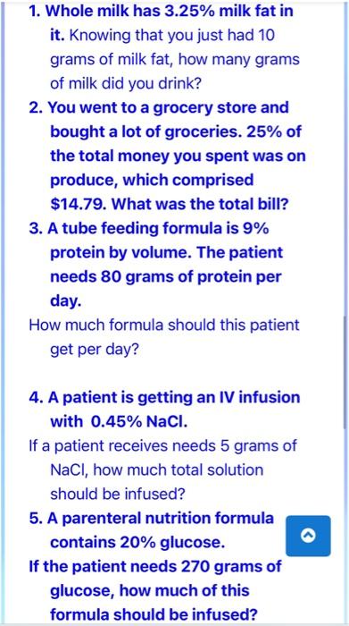 Solved 1. Whole milk has 3.25% milk fat in it. Knowing that | Chegg.com