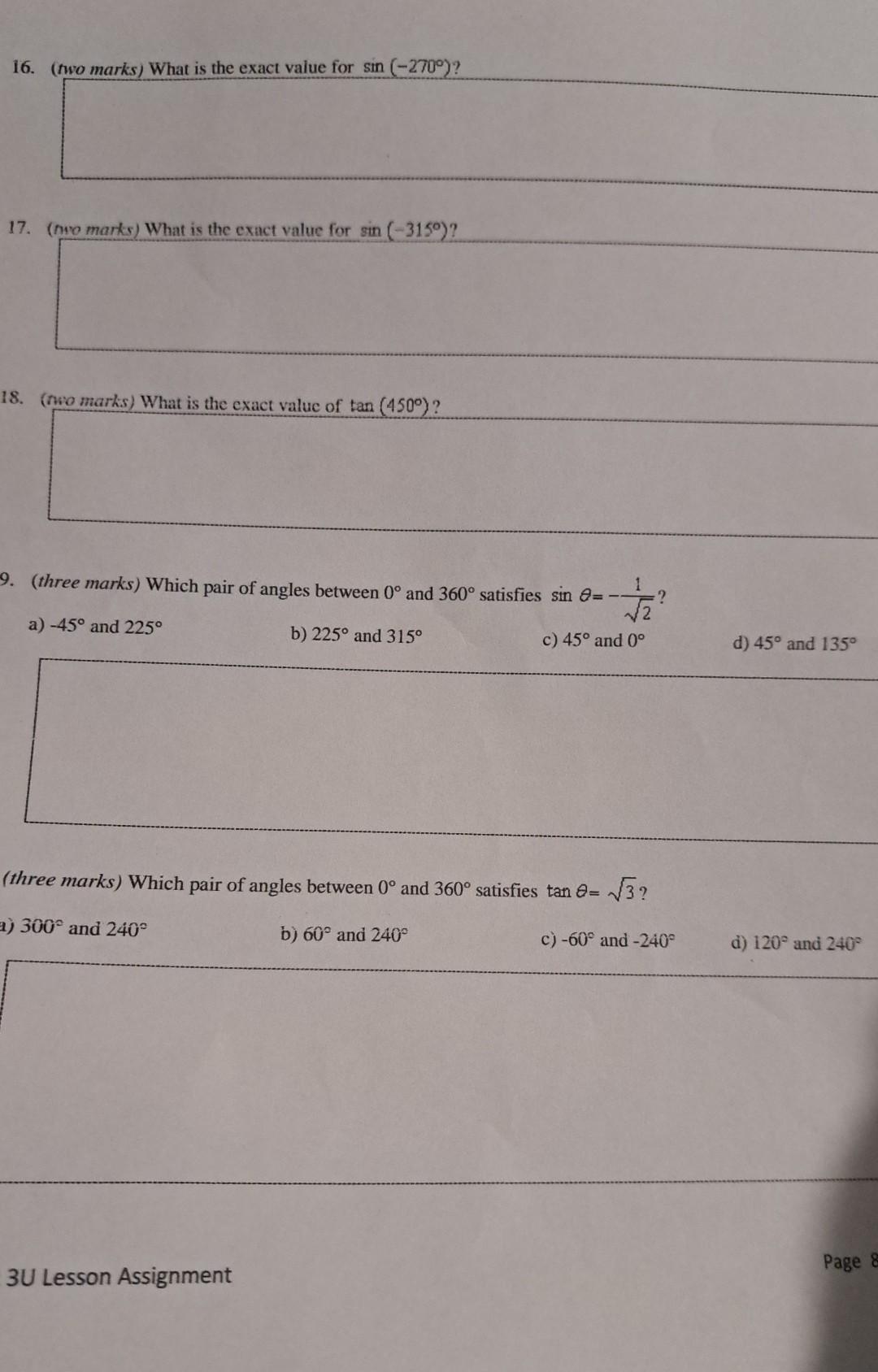 Solved 16. (two marks) What is the exact value for | Chegg.com