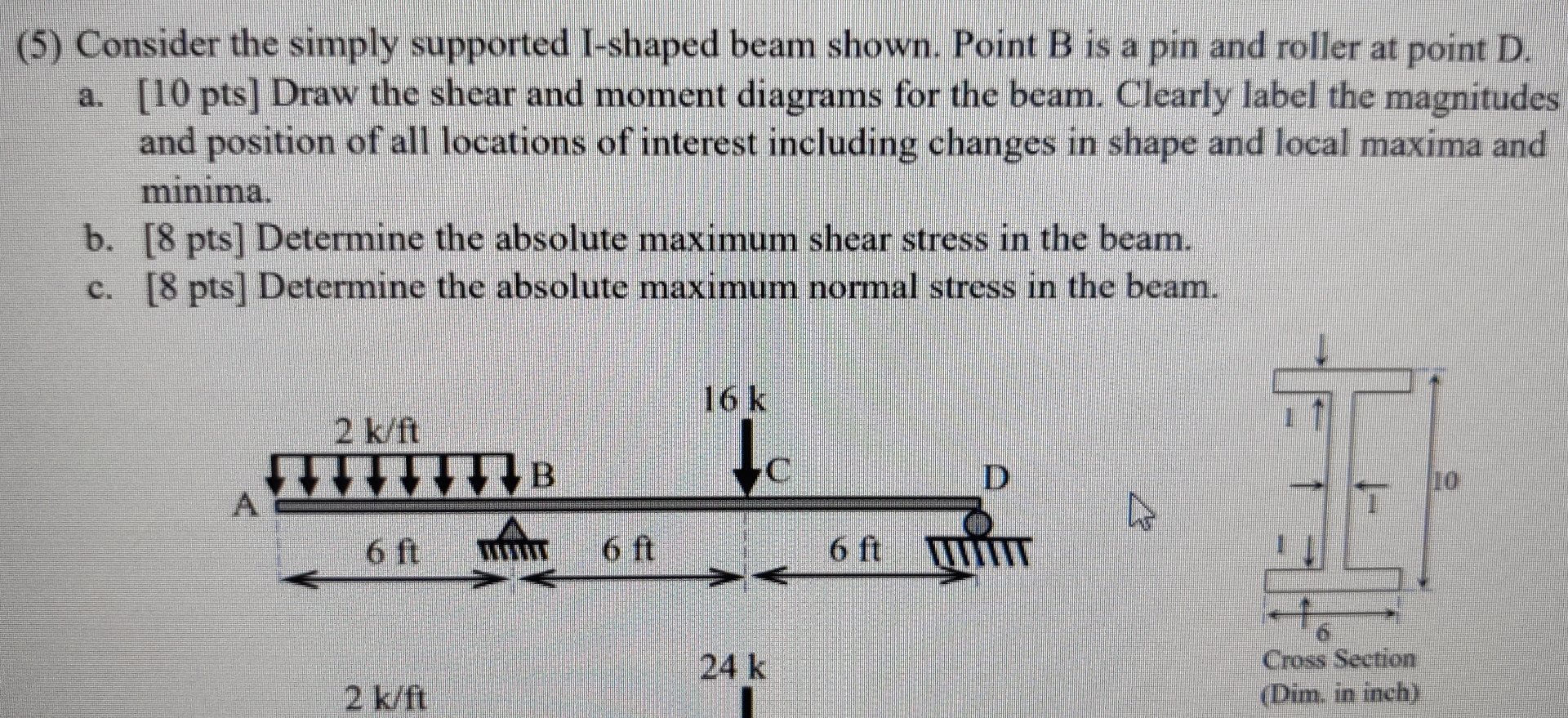Solved (5) ﻿Consider the simply supported I-shaped beam | Chegg.com