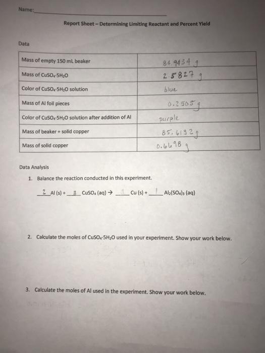 Solved Name: Report Sheet - Determining Limiting Reactant | Chegg.com