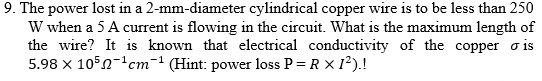 Solved The power lost in a 2-mm-diameter cylindrical copper | Chegg.com