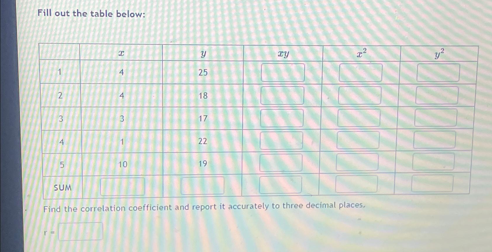 Solved Fill out the table below:\table[[,x,y,xy,x2,y2 | Chegg.com