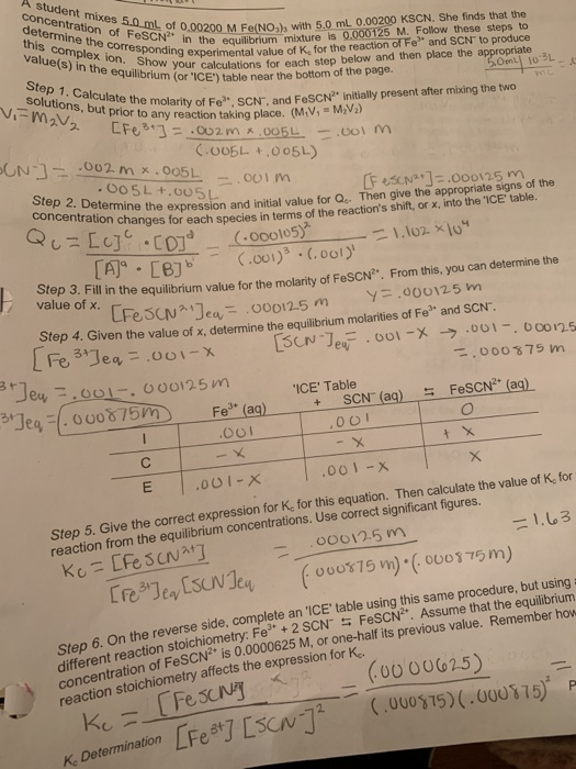 Solved A student mixes 5.0 ml of 0.0 concentration of FeSCN | Chegg.com