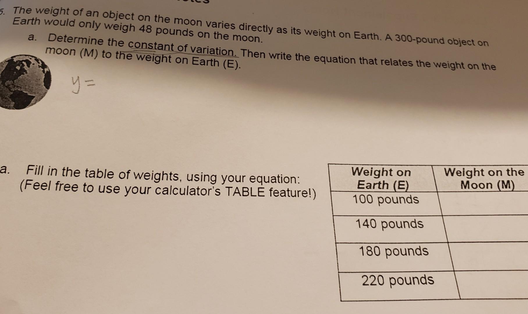 Solved 5. The weight of an object on the moon varies | Chegg.com