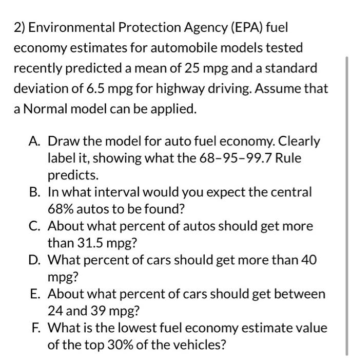 Solved 2) Environmental Protection Agency (EPA) fuel economy | Chegg.com