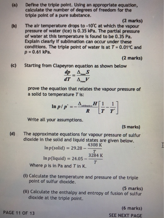 Solved (b) Define the triple point. Using an appropriate | Chegg.com