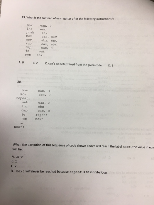Solved 19. What is the content of eax register after the | Chegg.com