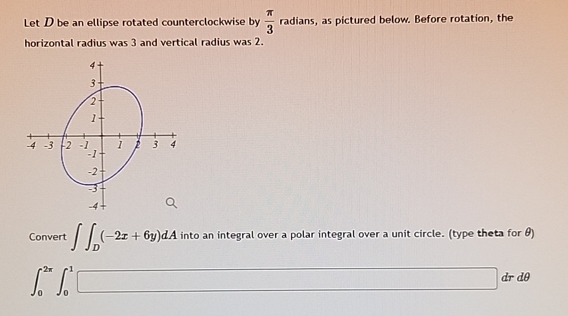 Solved Let D ﻿be an ellipse rotated counterclockwise by π3 | Chegg.com