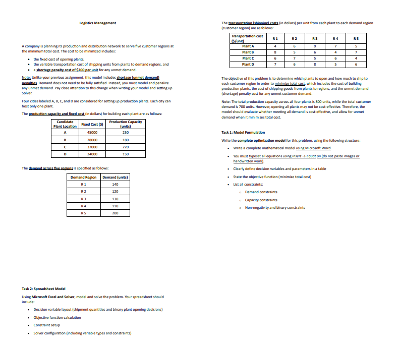 Solved A company is planning its production and distribution | Chegg.com