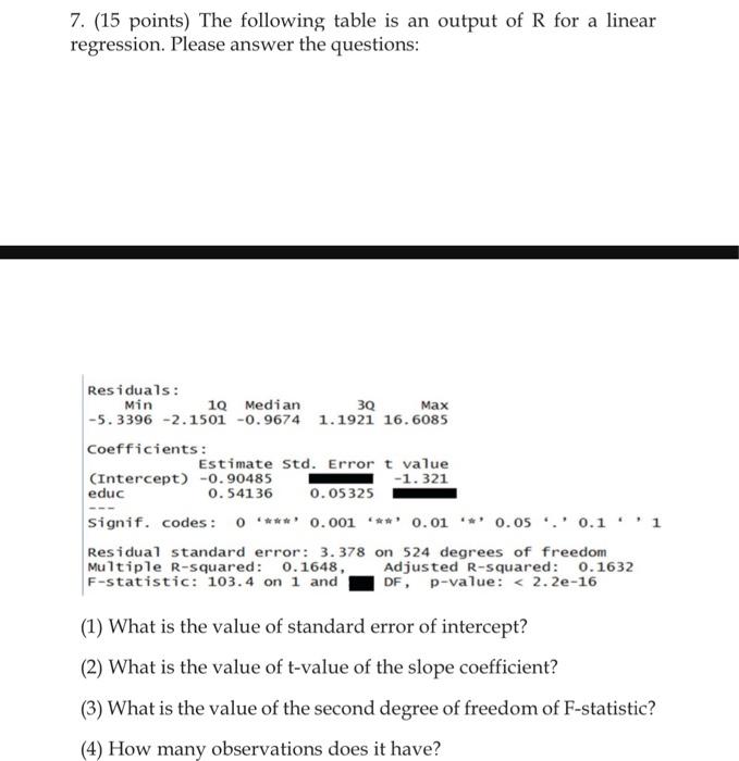 Solved 7. (15 points) The following table is an output of R | Chegg.com
