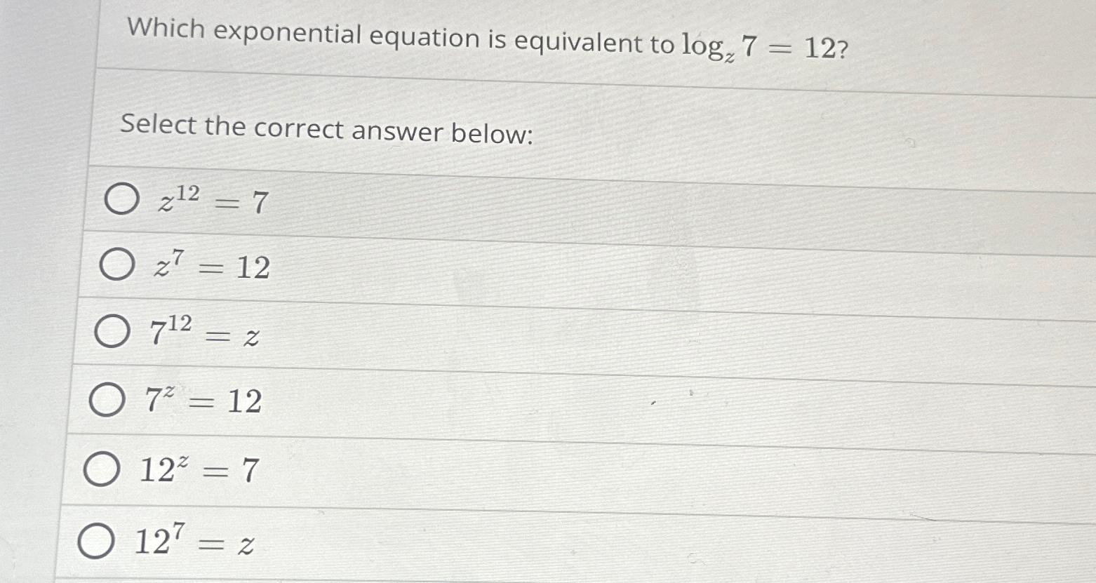 Solved Which exponential equation is equivalent to | Chegg.com
