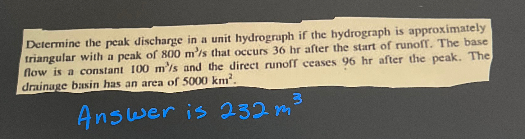 Solved Determine the peak discharge in a unit hydrograph if | Chegg.com