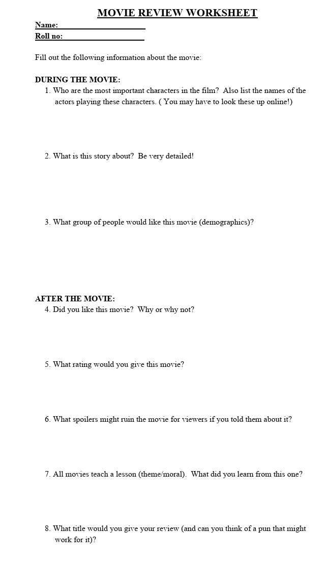 MOVIE REVIEW WORKSHEET Name: Roll no: Fill out the | Chegg.com