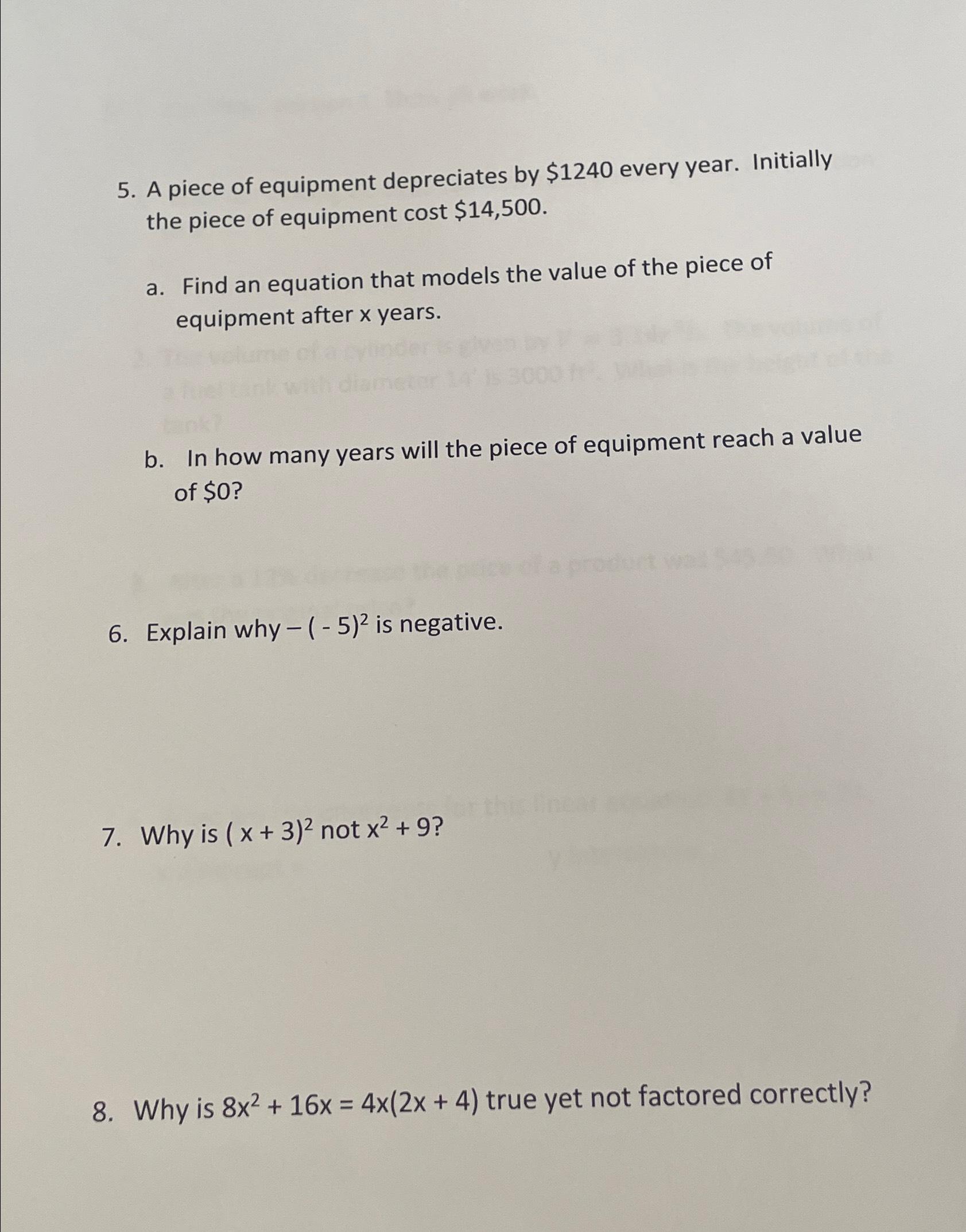 Solved A piece of equipment depreciates by $1240 ﻿every | Chegg.com