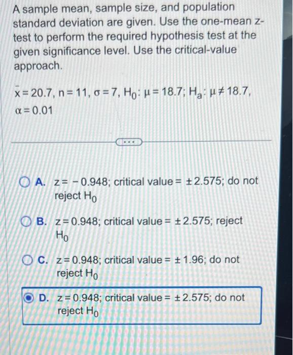 Solved A sample mean, sample size, and population standard | Chegg.com